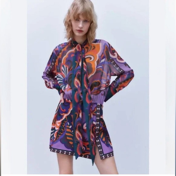 Zara | Dresses | Zara Pucci Printed Sheer Tie Neck Mini Dress Women ...